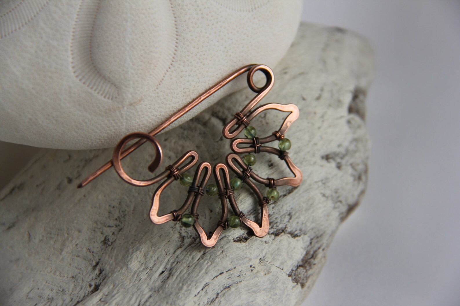 Shawl Pin Copper and Peridot Scarf Pin Brooch Wire Wrapped | Etsy