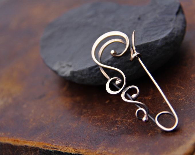 Swirly Bronze or Sterling Silver Shawl Pin, Scarf Pin, Sweater Pin ...