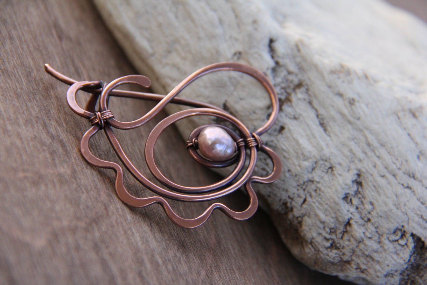 Copper and Pearl Shawl Pin, Scarf Pin, Brooch "elegant Paisley", Wire ...