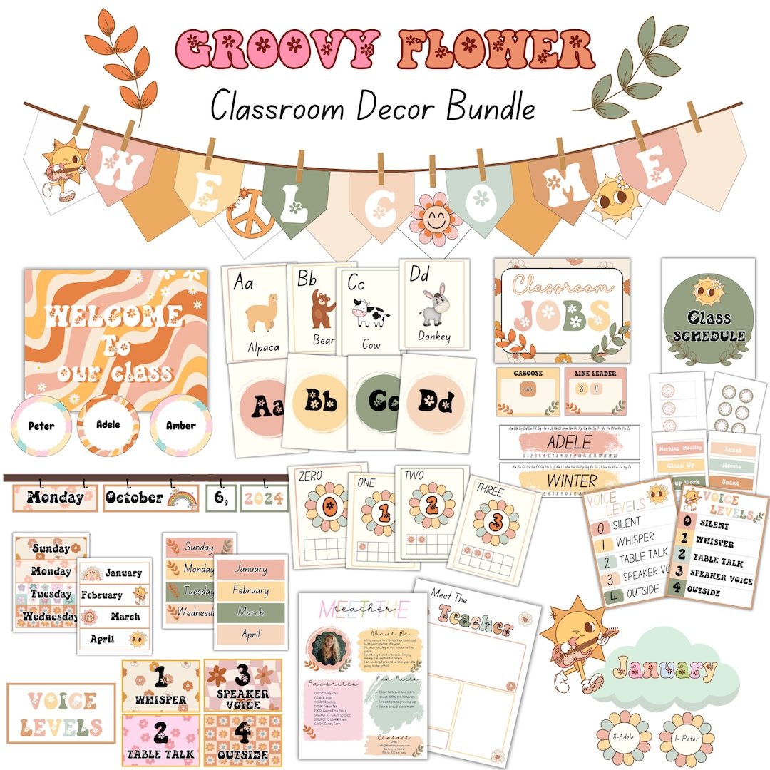 Editable Groovy Flowers Classroom Decor, 70s Retro Floral Theme for ...
