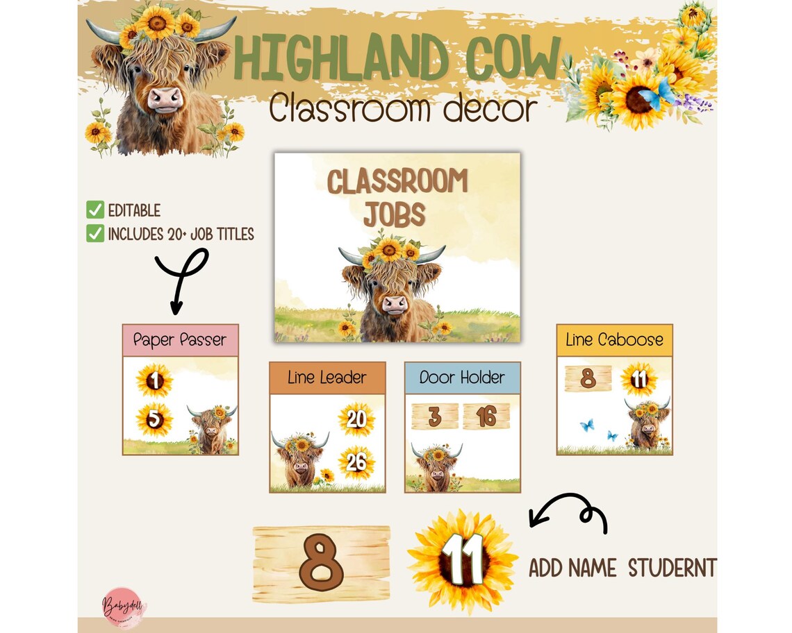 Highland Cow Classroom Decor Bundle: Modern Farmhouse Theme (digital ...