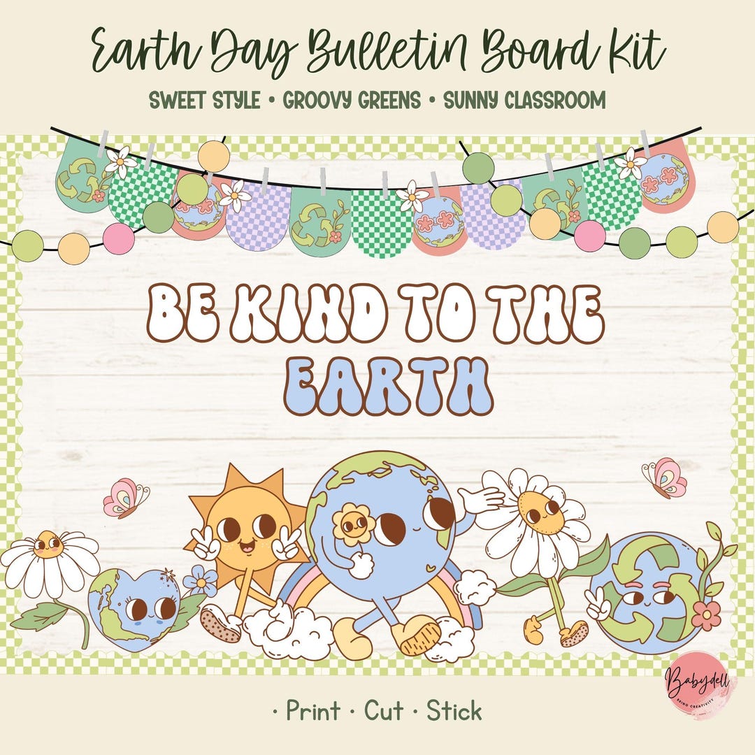 Groovy Earth Day Bulletin Board Kit With Retro Spring Classroom Decor ...
