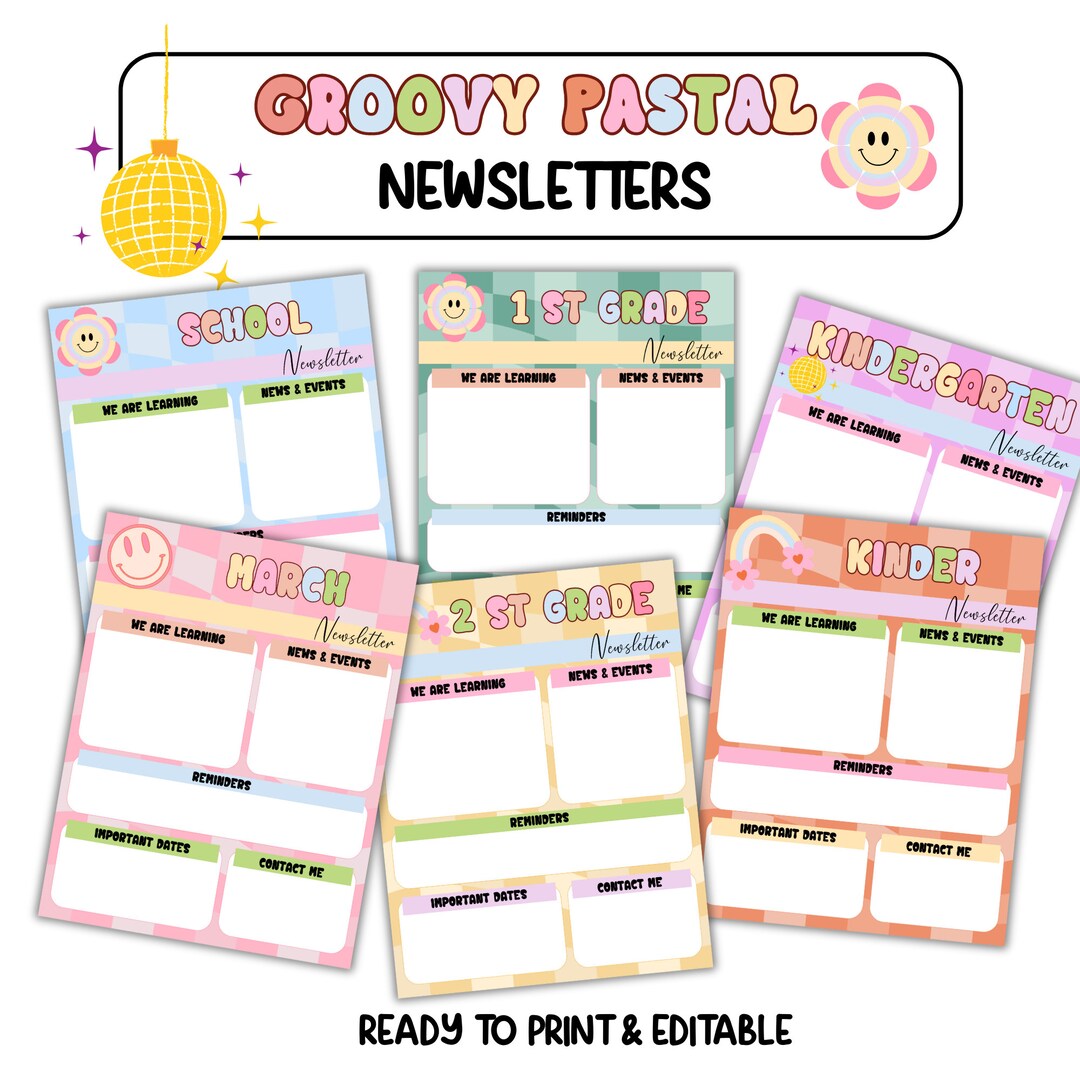 Editable Groovy Pastel Newsletter Templates Retro Classroom Newsletter ...
