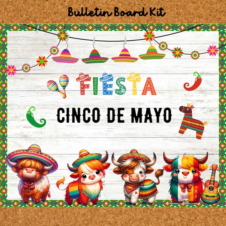 Highland Cow Fiesta Cinco De Mayo Bulletin Board Summer Classroom Decor ...