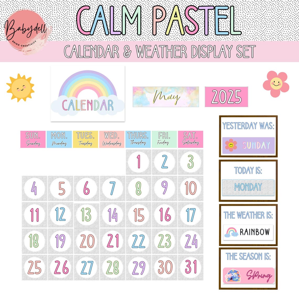 Calm Pastel Classroom Calendar and Weather Chart for Morning Meeting ...