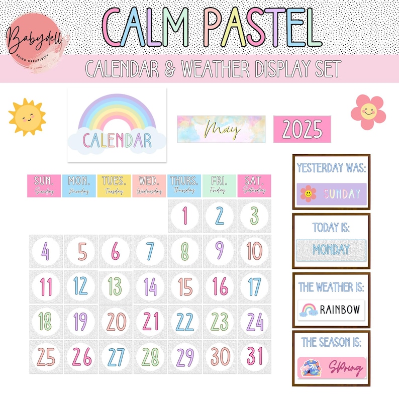 Calm Pastel Classroom Calendar and Weather Chart for Morning Meeting ...