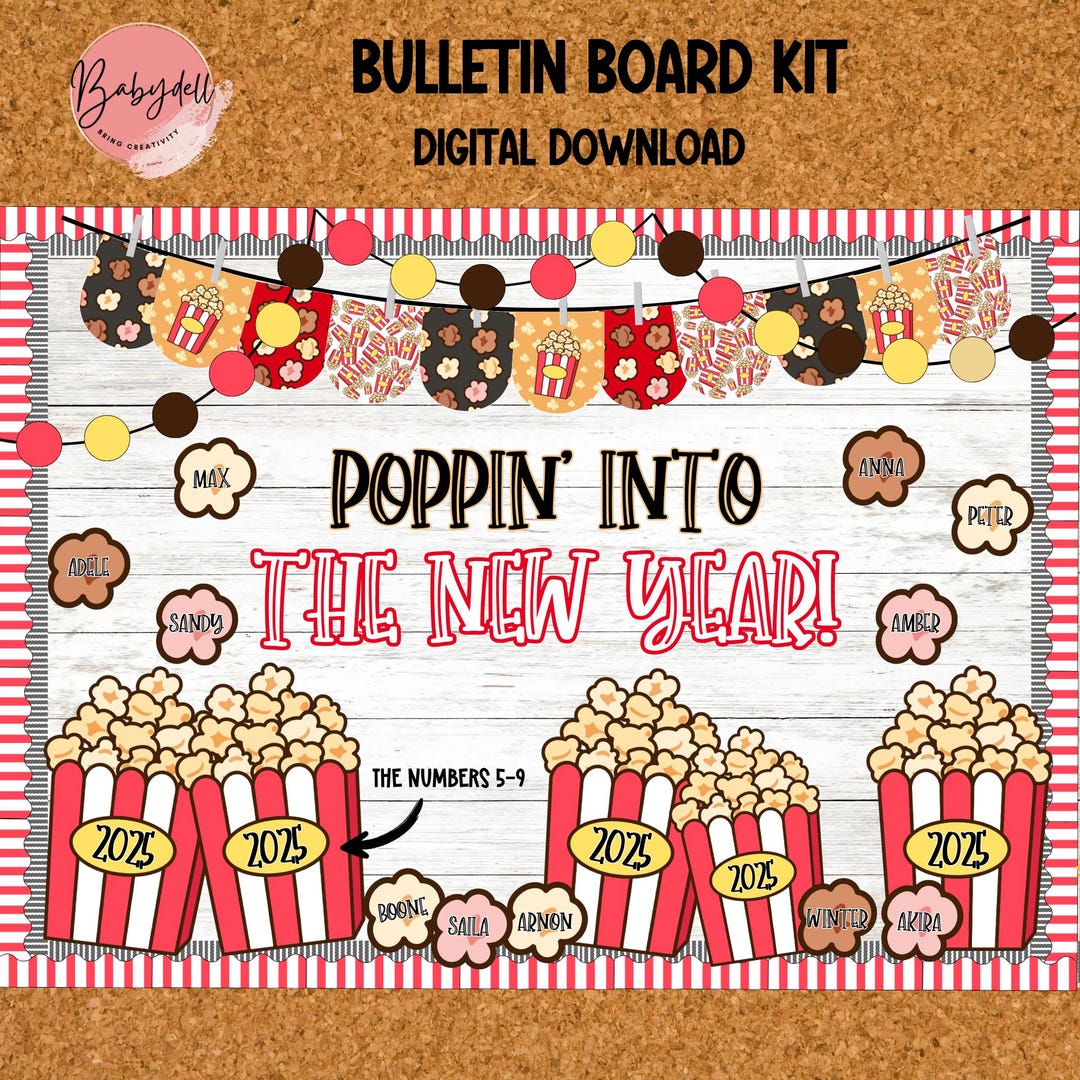 New Year Bulletin Board Kit - Popcorn Door Decoration - Poppin' Into ...
