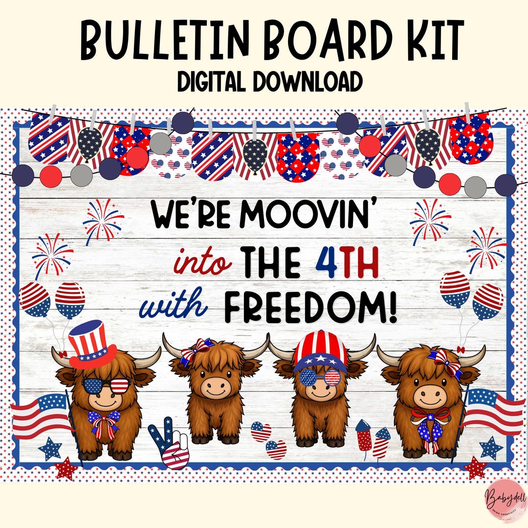 4th of July Bulletin Board Kit | Highland Cow Patriotic Classroom Decor ...