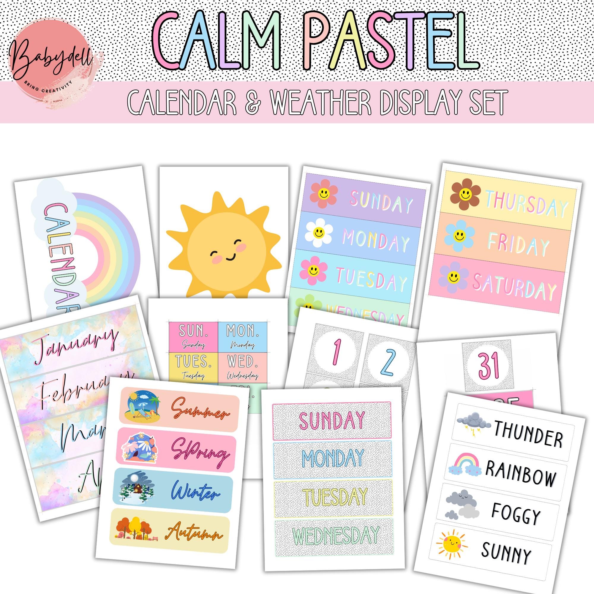 Calm Pastel Classroom Calendar and Weather Chart for Morning Meeting ...