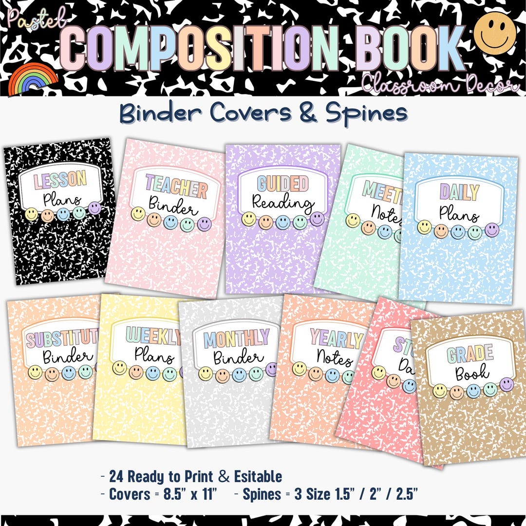Binder Covers and Spines Editable Composition Notebook Classroom Decorations Printable Pastel ...