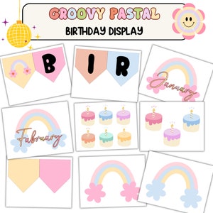 Birthday Bulletin Board Birthday Chart Display Editable Groovy Pastel ...