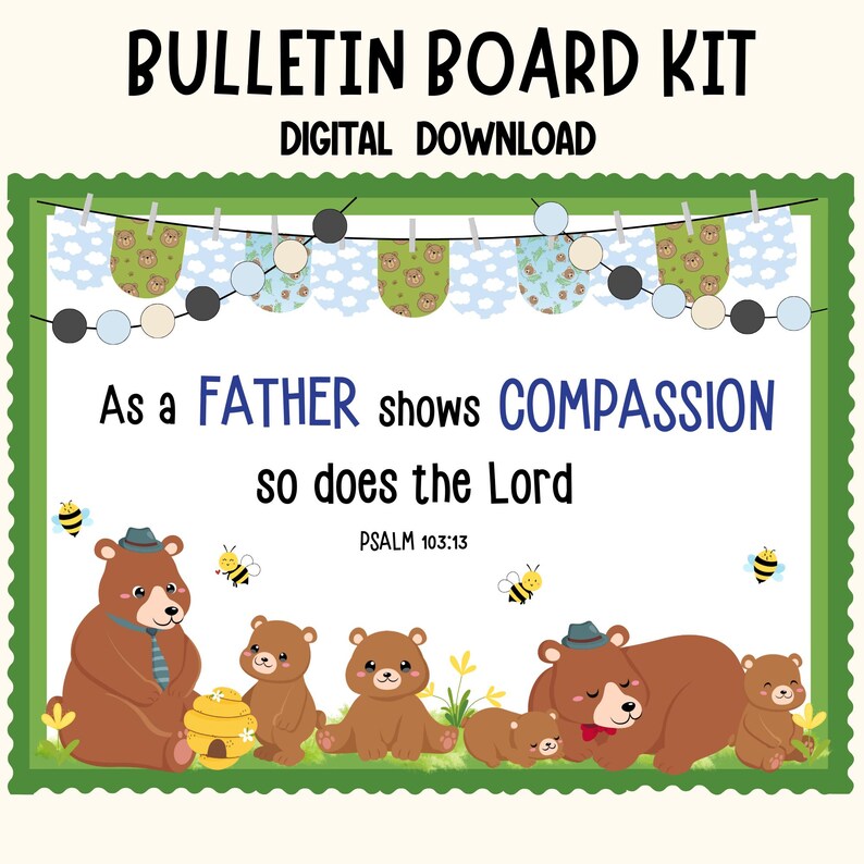 Father's Day Bulletin Board Kit: Bible Verse Bear Family Decor (digital ...