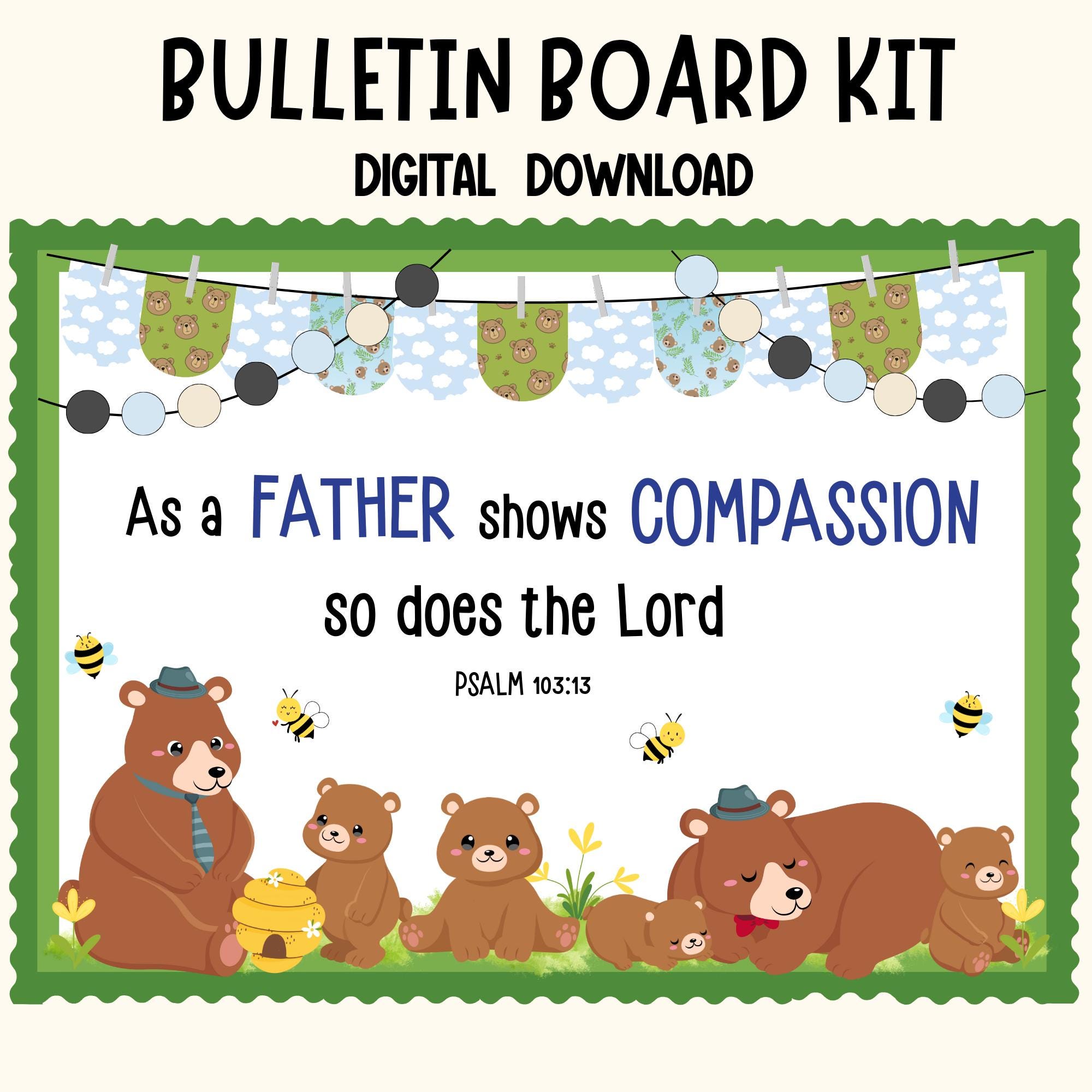 Father's Day Bulletin Board Kit: Bible Verse Bear Family Decor (digital ...