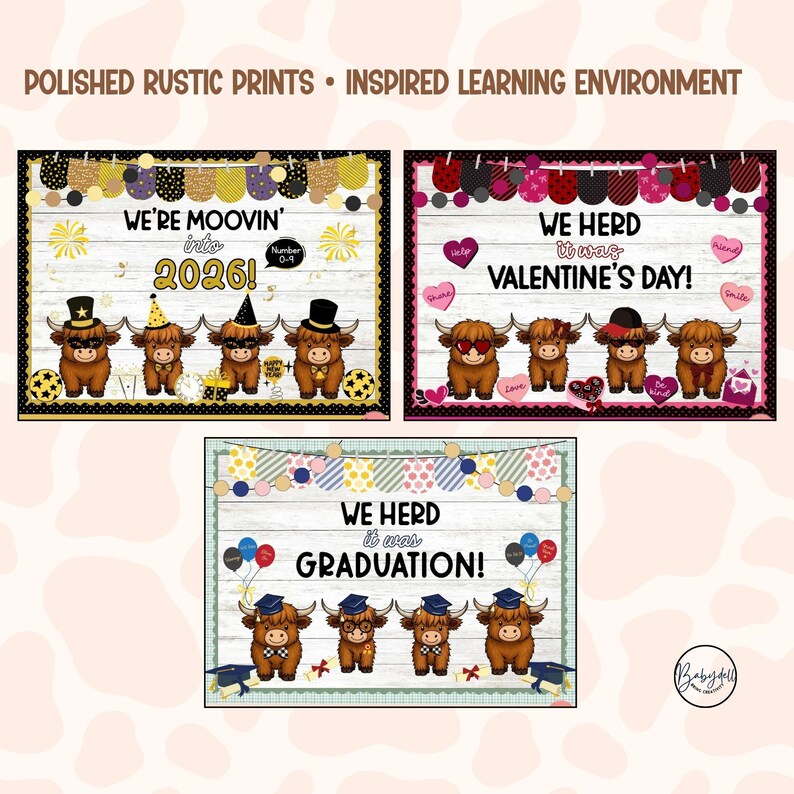 Cow Bulletin Board Bundle Year Long Highland Cattle Seasonal Classroom ...