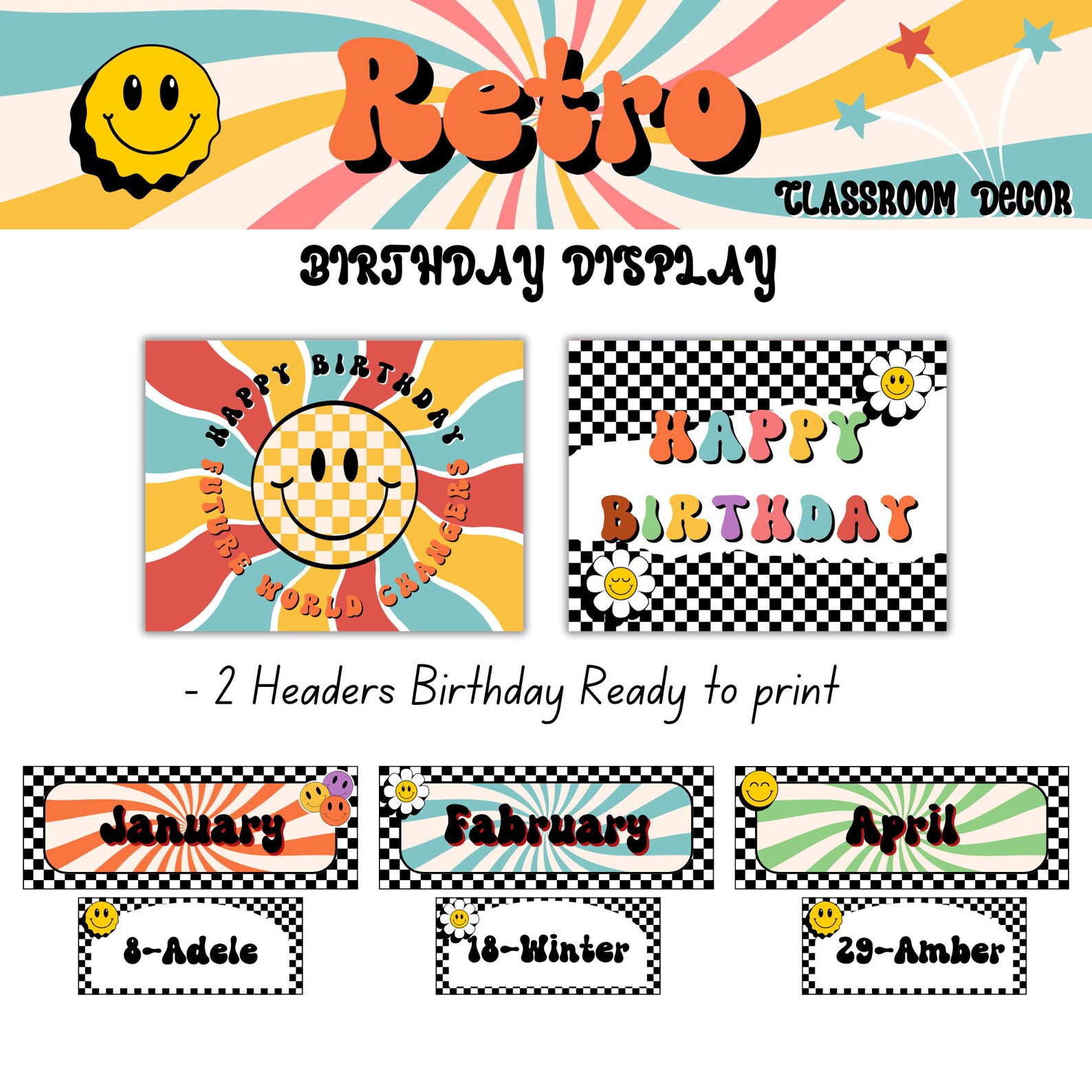 Birthday Bulletin Board Birthday Chart Display Editable Retro Classroom ...