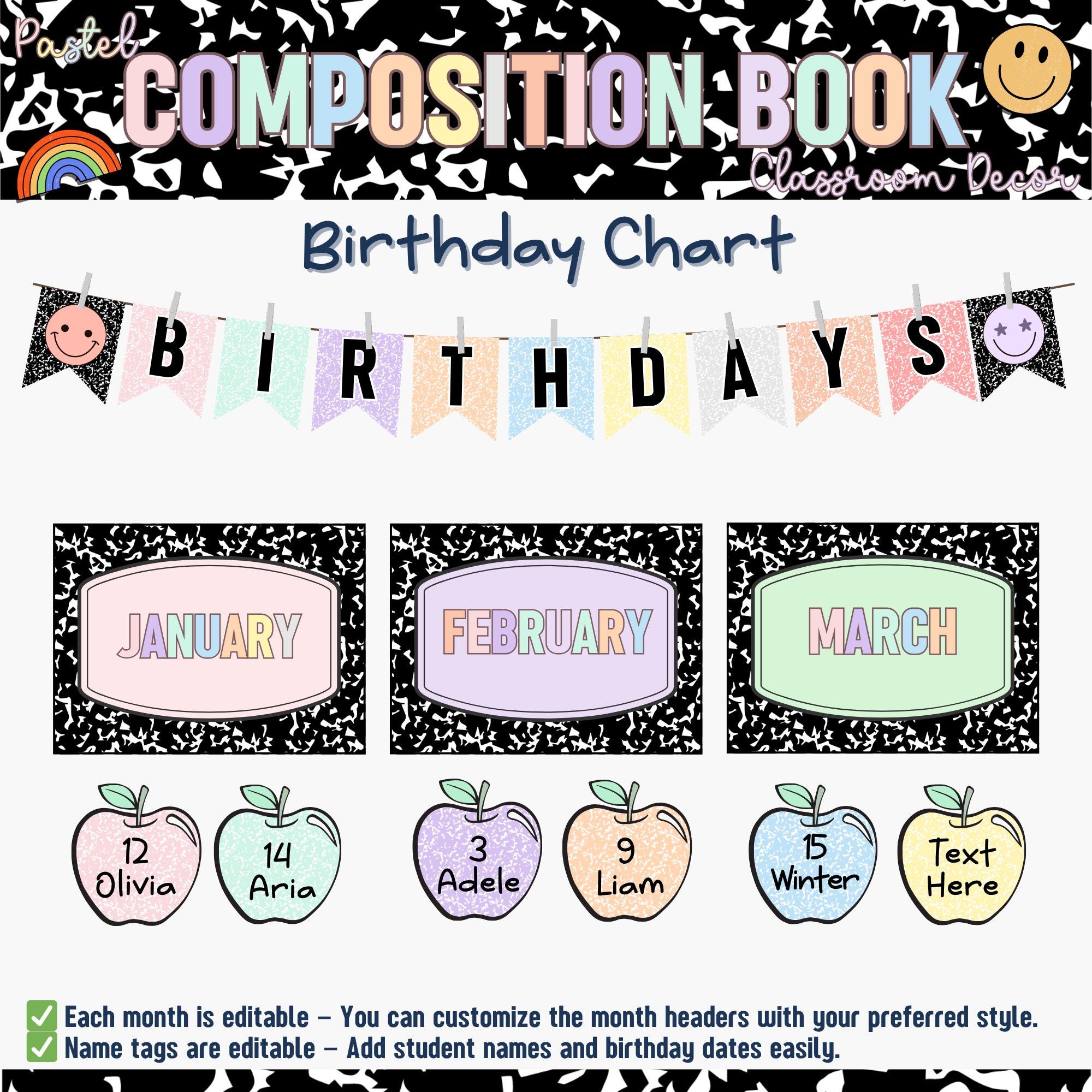 Birthday Bulletin Board | Composition Book Chart | Classroom Decor ...