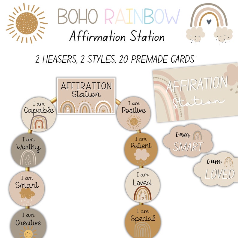 Editable Affirmation Station Kit Boho Rainbow Classroom Decor Positive ...