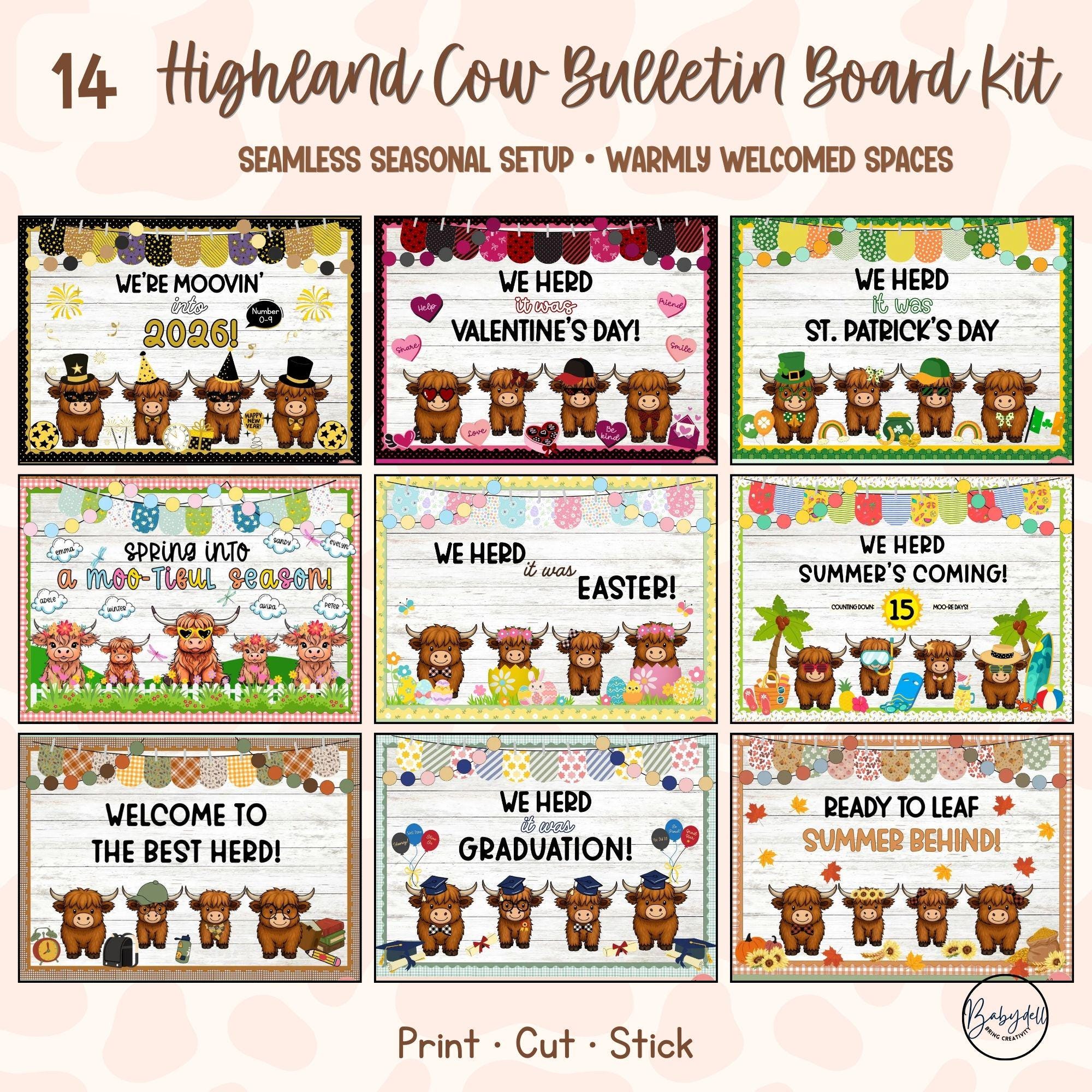 Cow Bulletin Board Bundle Year Long Highland Cattle Seasonal Classroom ...