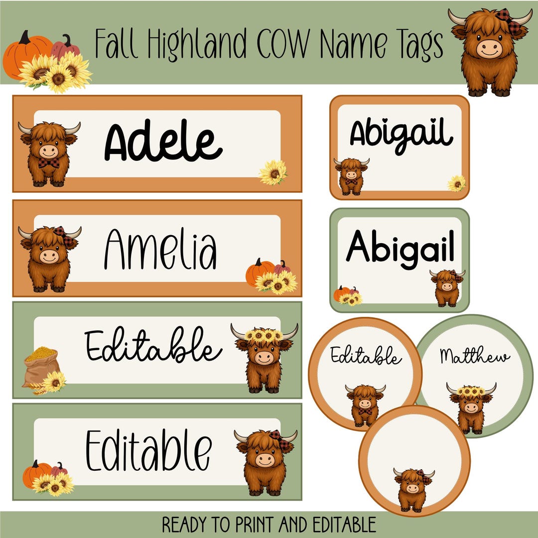 Fall Highland Cow Name Tags: Autumn Classroom Decor (editable Templates ...