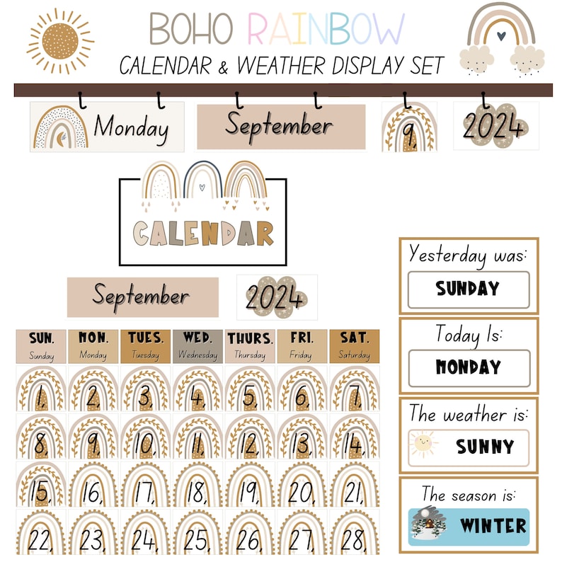 Editable BOHO Rainbow Classroom Calendar and Weather Display, Neutral ...
