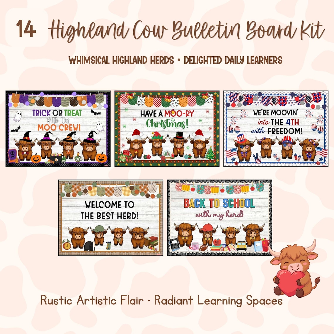 Cow Bulletin Board Bundle Year Long Highland Cattle Seasonal Classroom ...