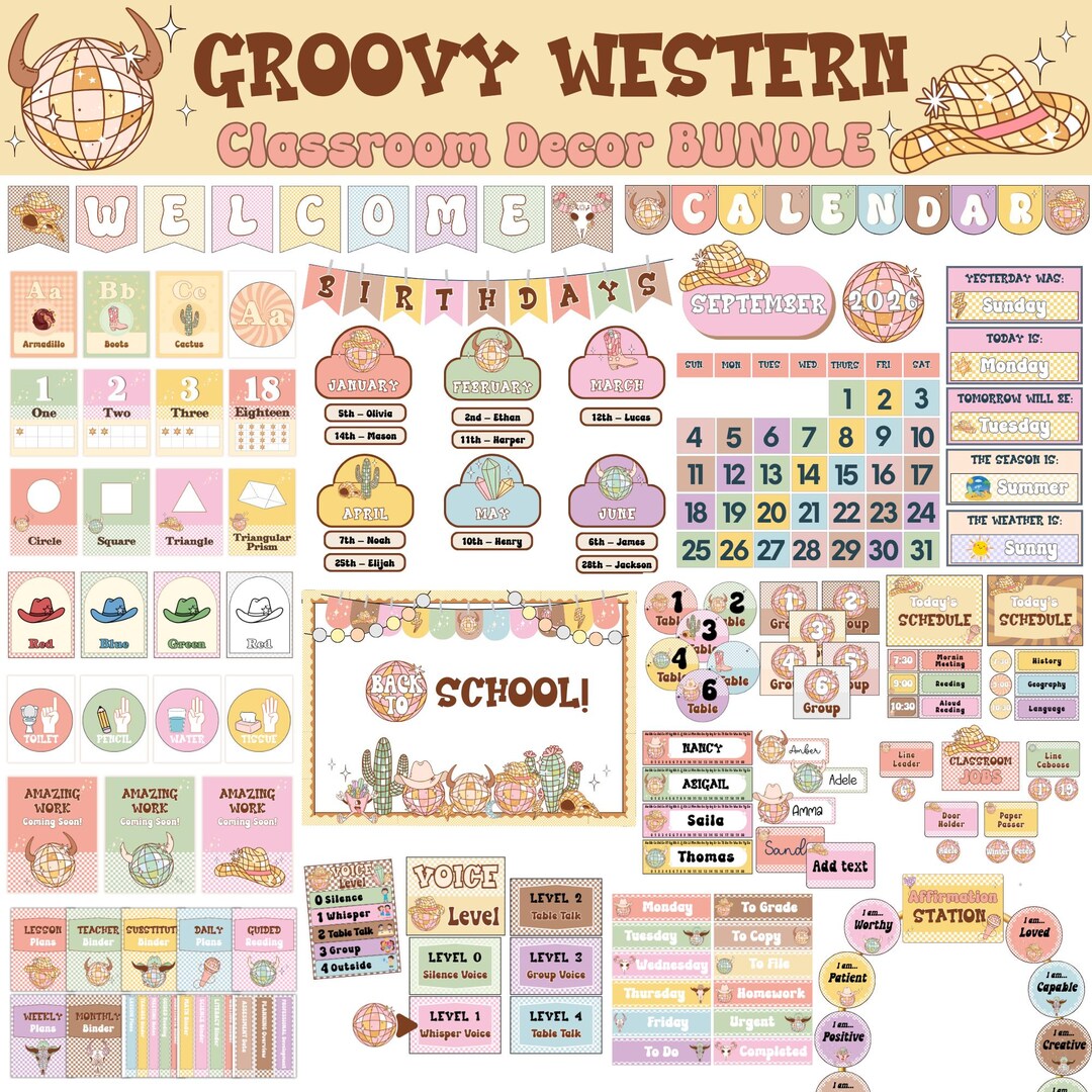 Retro Western Classroom Decor Bundle Disco Cowgirl Theme Printable ...