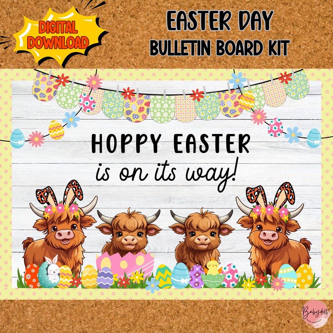 Easter Bulletin Board Kit | Highland Cow Spring Door Decor | Printable ...