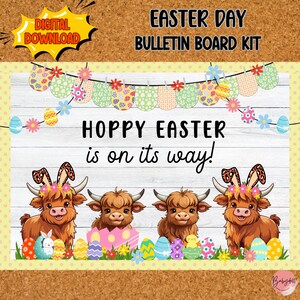 Easter Bulletin Board Kit | Highland Cow Spring Door Decor | Printable ...