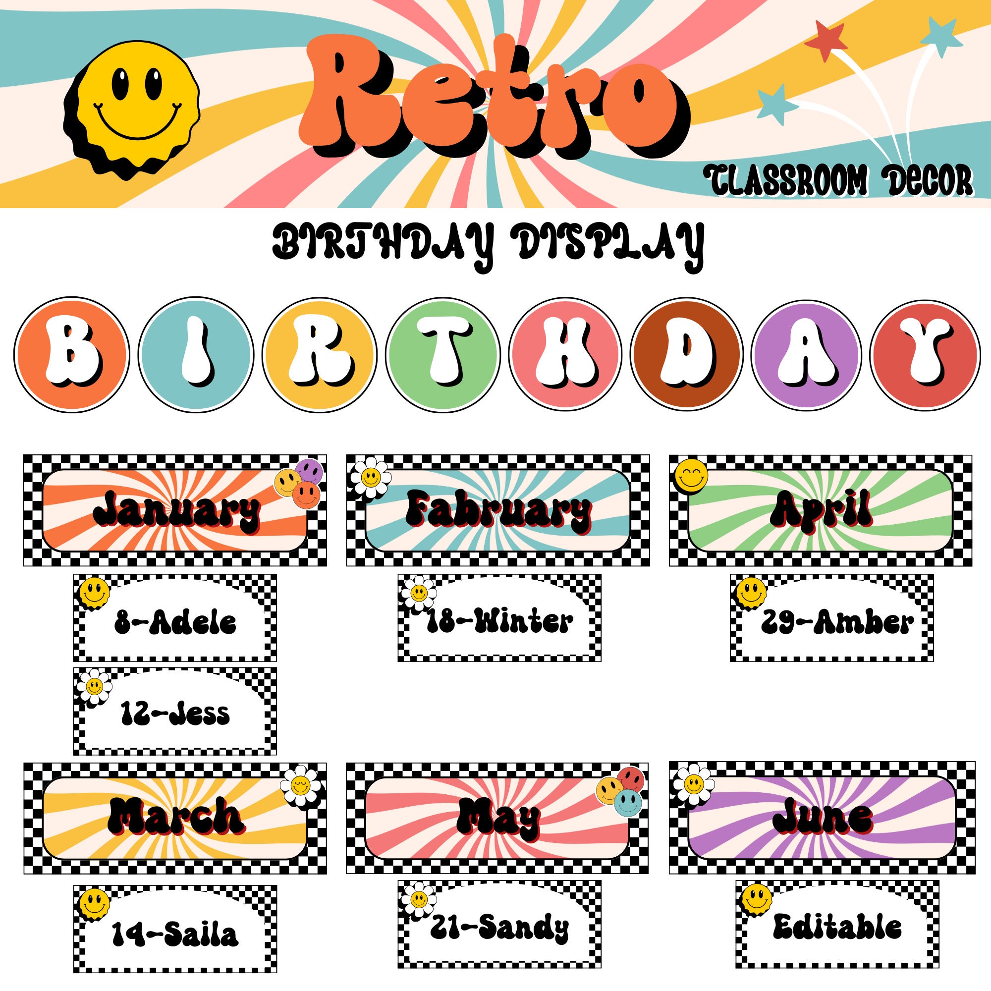 Birthday Bulletin Board Birthday Chart Display Editable Retro Classroom ...