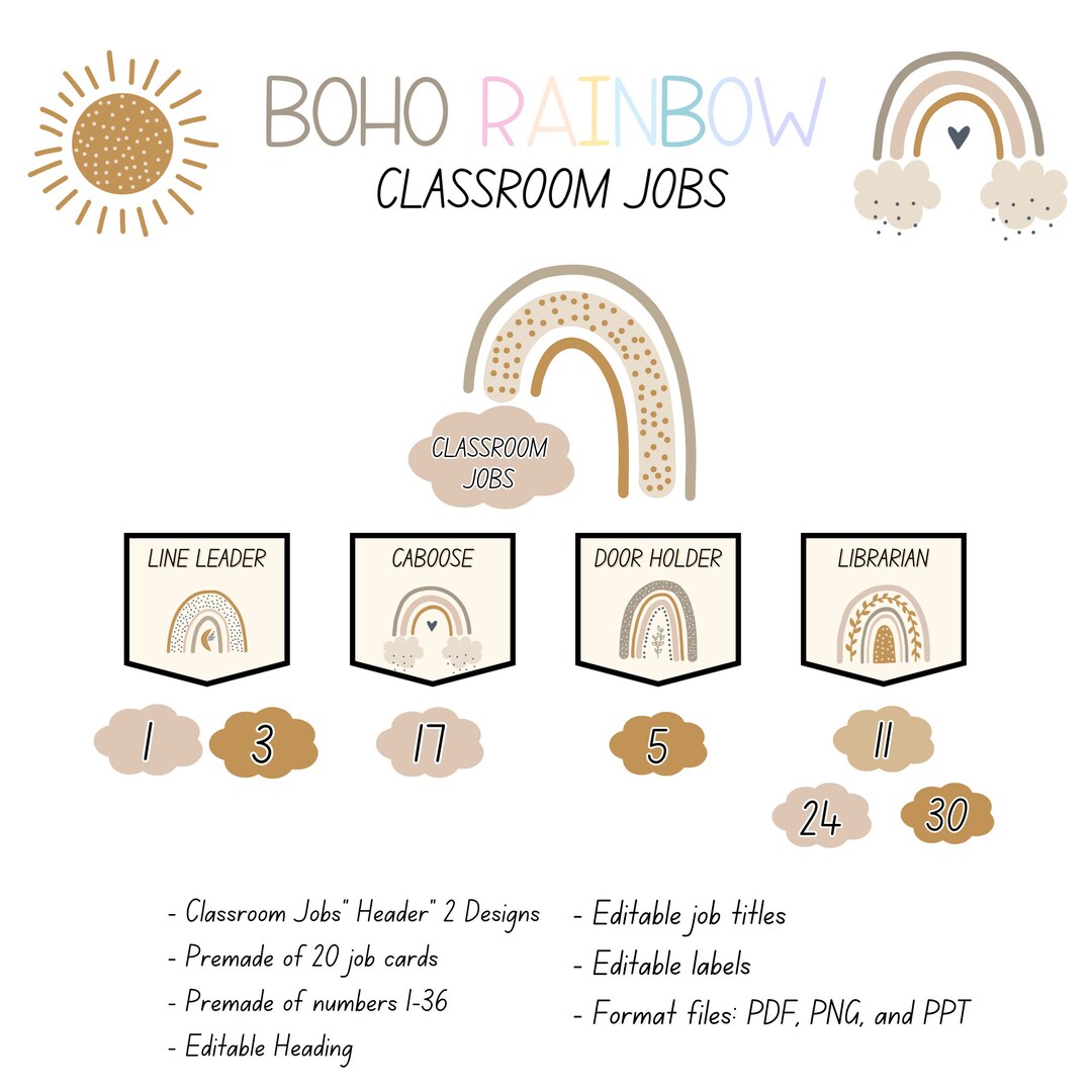 Boho Rainbow Classroom Jobs Display | Editable Job Chart for Students ...