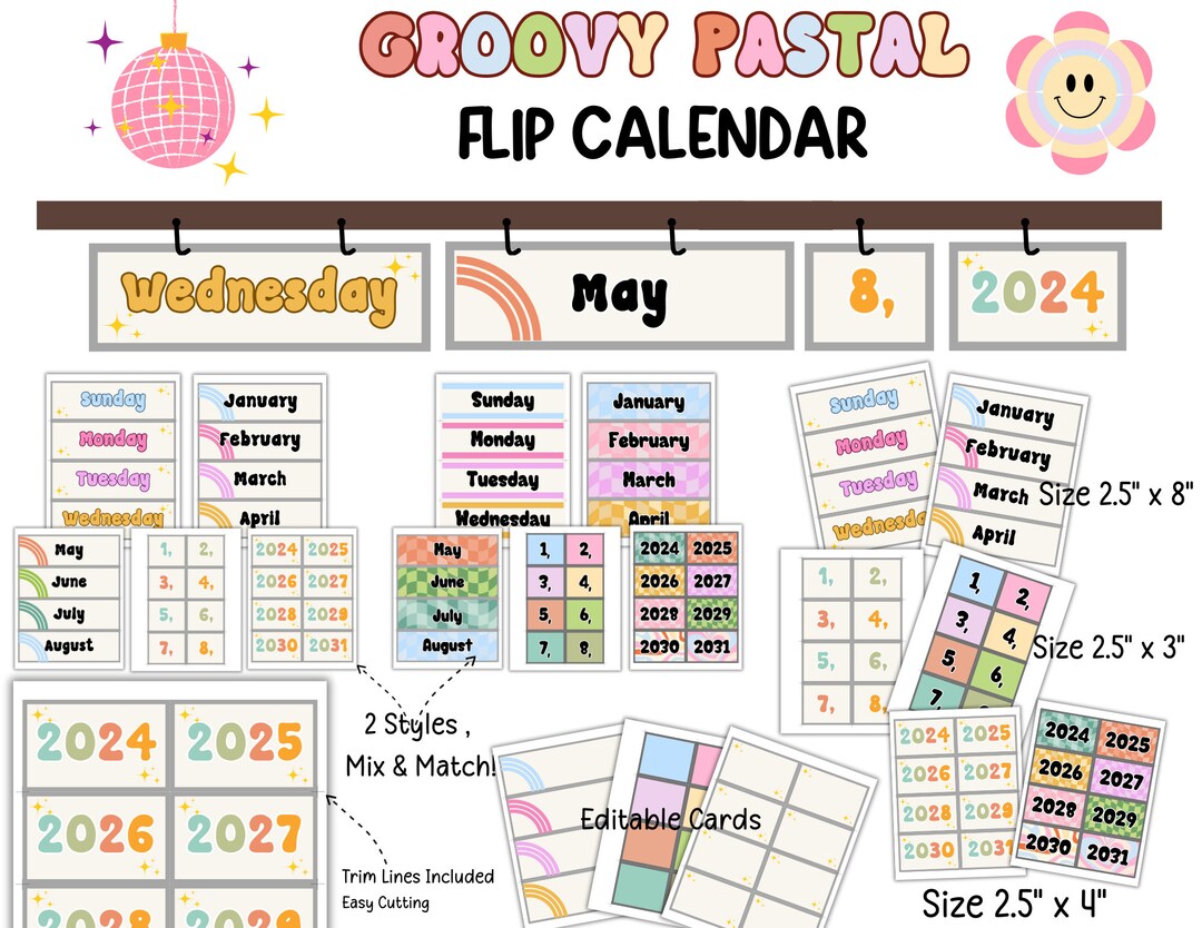 Pastel Flip Calendar Cards Groovy Classroom Decor Chart Display Daily ...