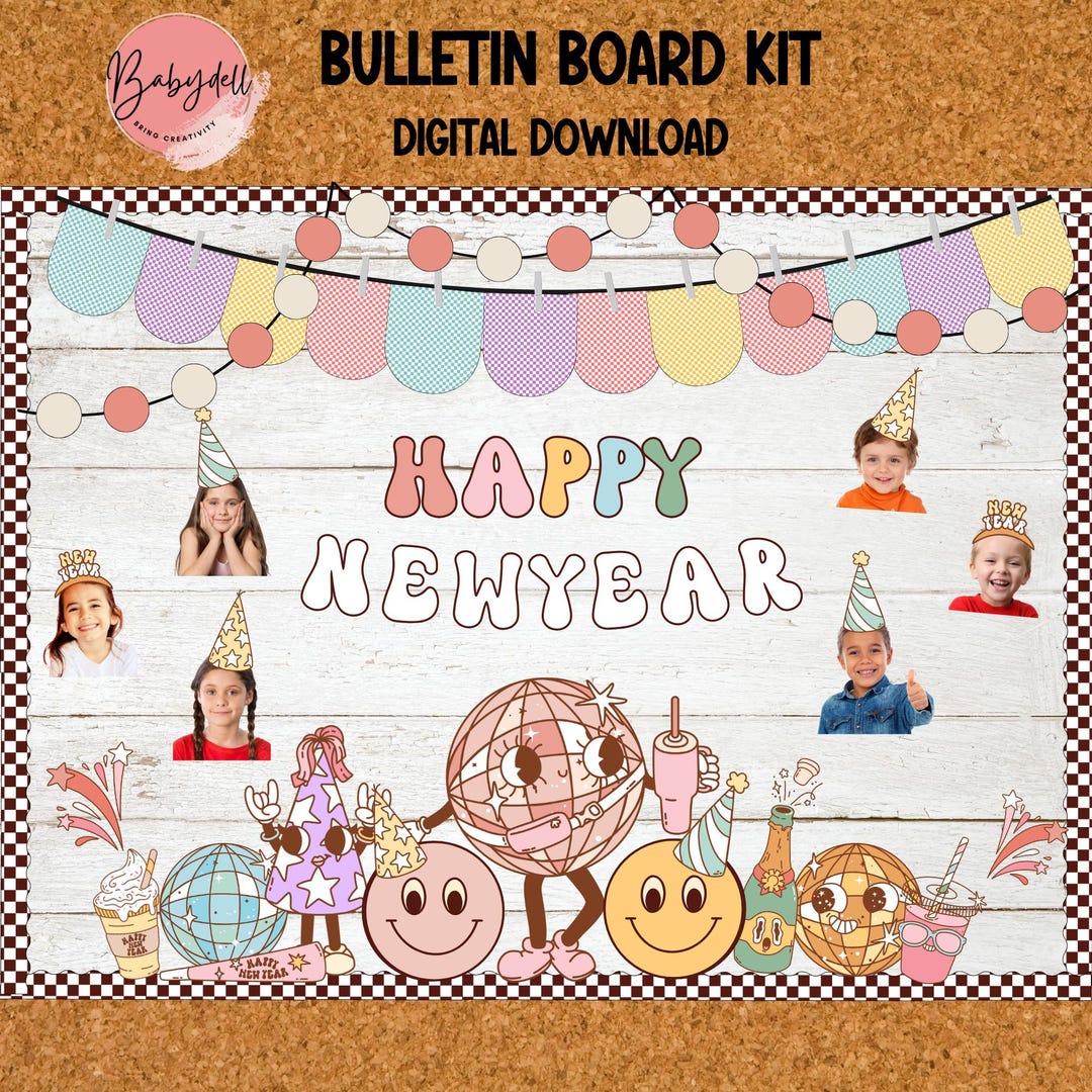 Retro New Year Bulletin Board Kit | Groovy Holiday Classroom Decor ...