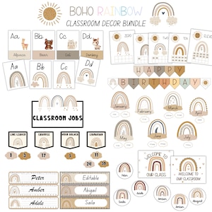Editable Boho Rainbow Classroom Decor Bundle, Muted Neutral Theme for ...