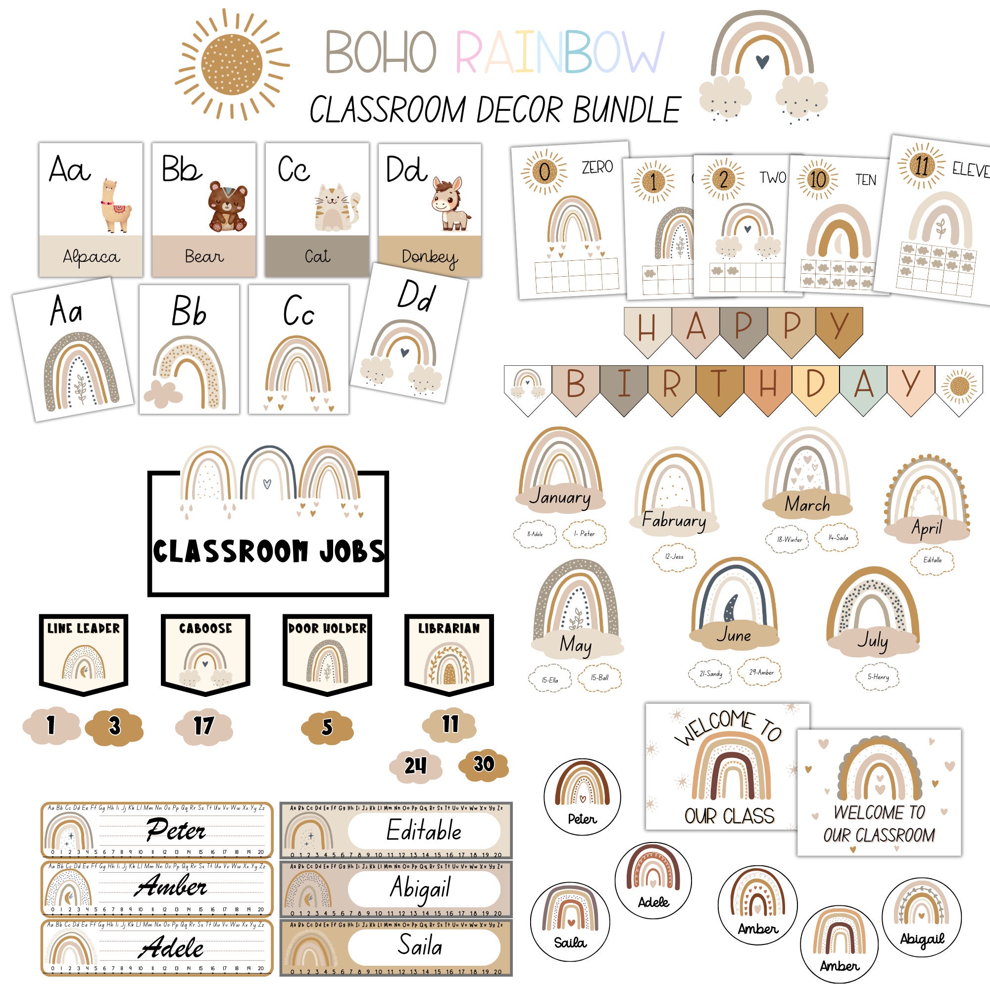Boho Rainbow Classroom Decor Bundle Neutral Earth Tones Editable ...