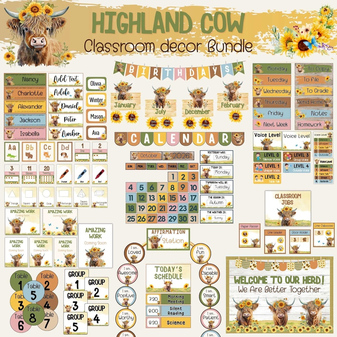 Highland Cow Classroom Decor Bundle Modern Farmhouse Theme Editable ...