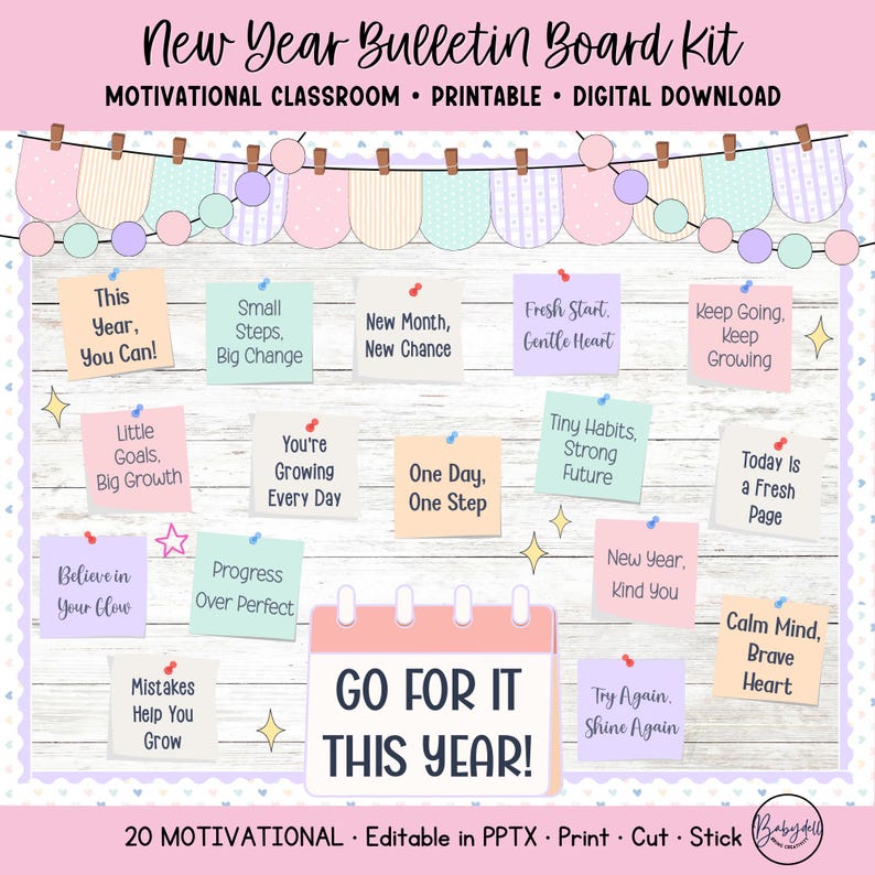 New Year Bulletin Board Kit, Motivational Sticky Notes & Growth Mindset ...