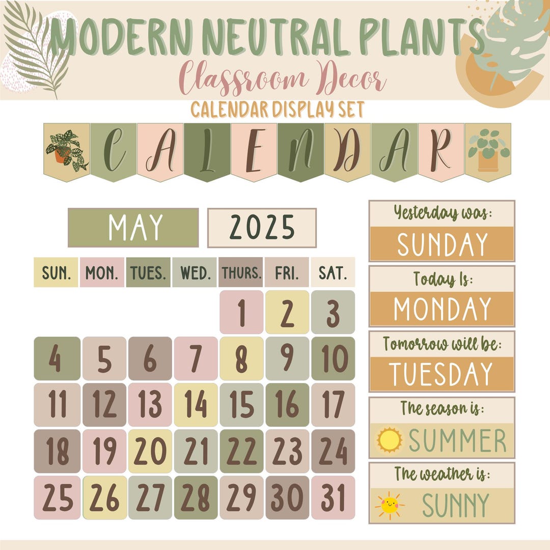 Neutral Classroom Calendar Kit: Plant Decor, Editable Display (digital ...