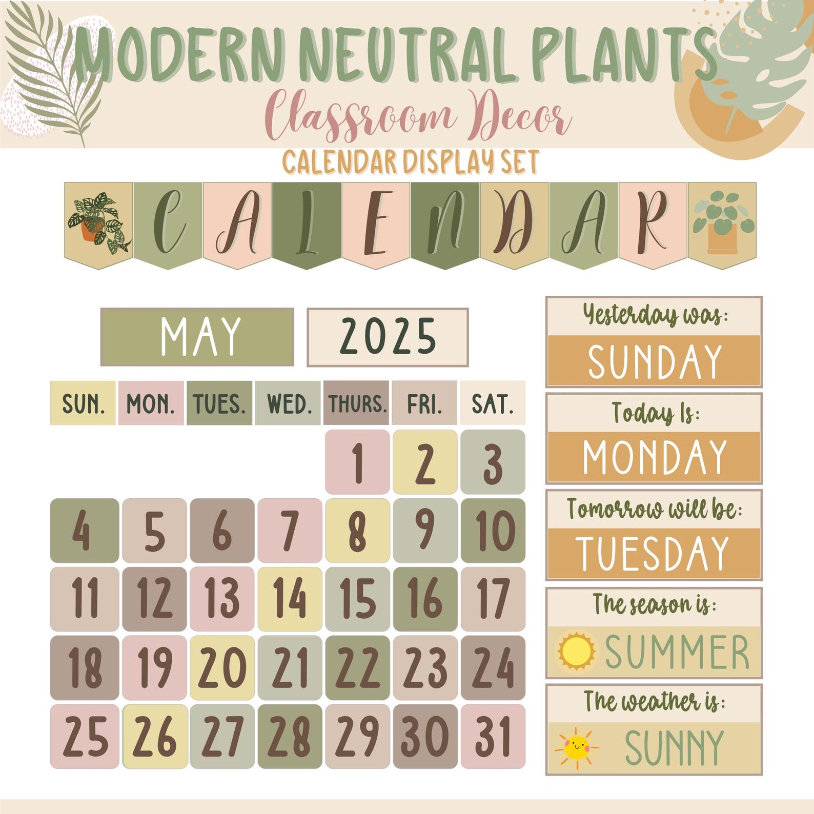 Neutral Classroom Calendar Kit: Plant Decor, Editable Display (digital ...