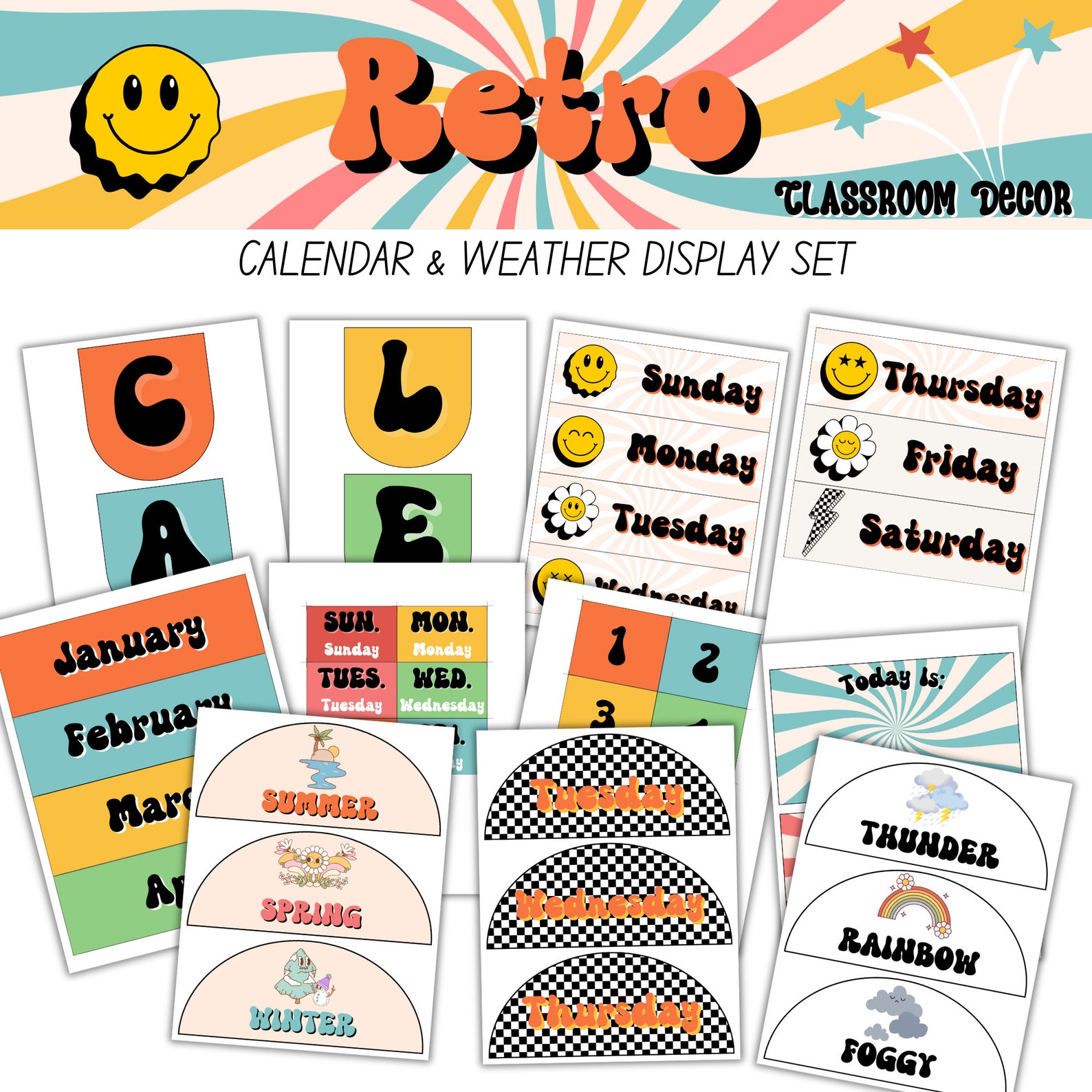 Classroom Calendar Display and Weather Station Editable Retro Groovy ...