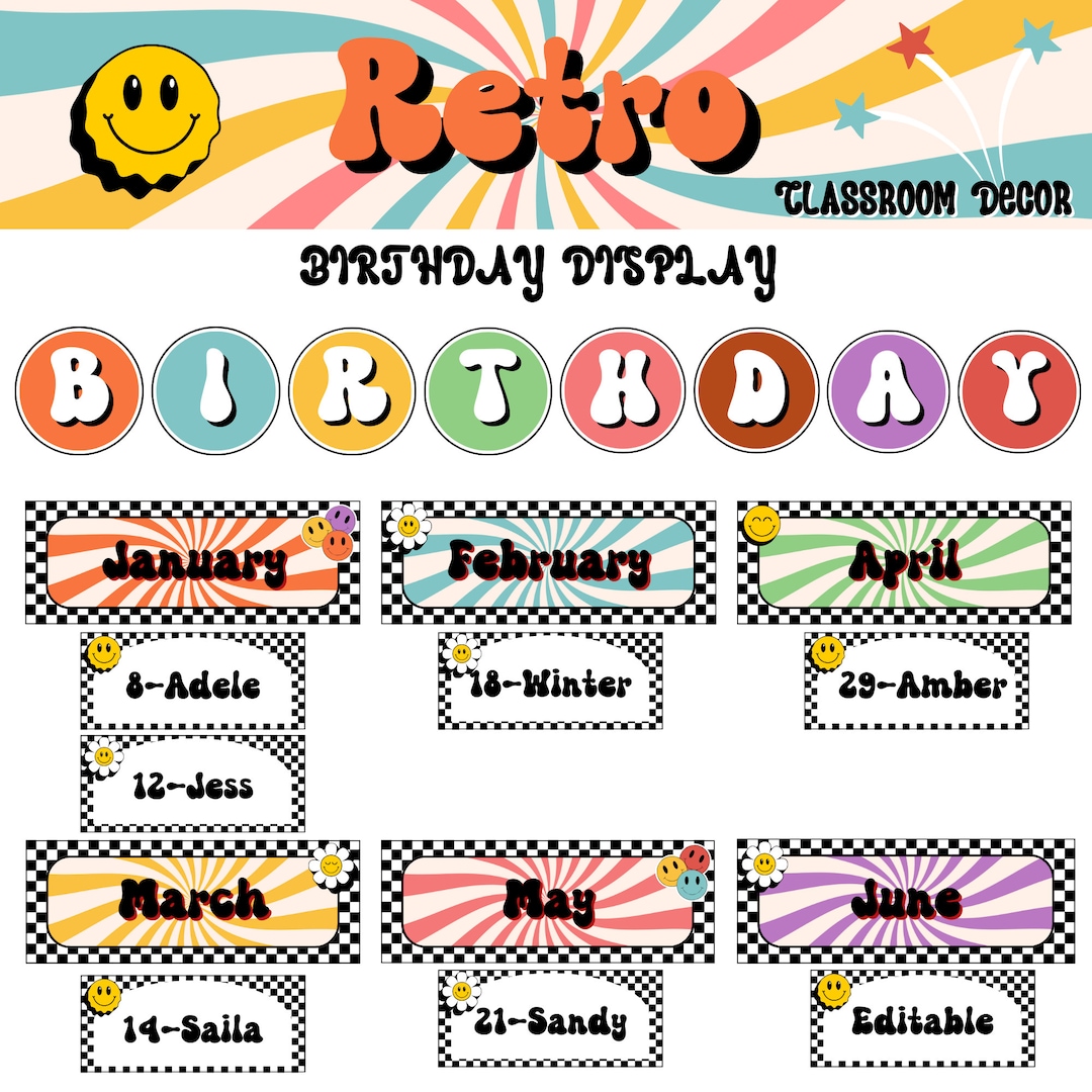 Groovy Pastel Birthday Bulletin Board | Editable Student Birthday Chart ...