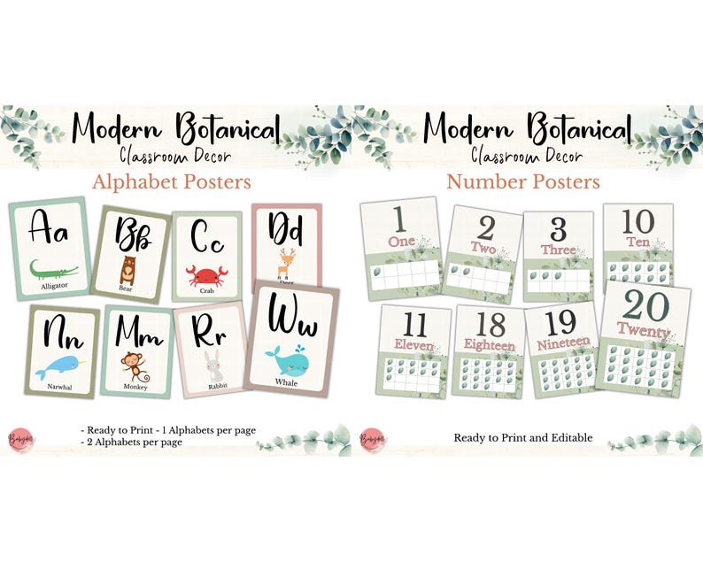 Modern Botanical Classroom Decor Bundle Editable Eucalyptus Theme ...