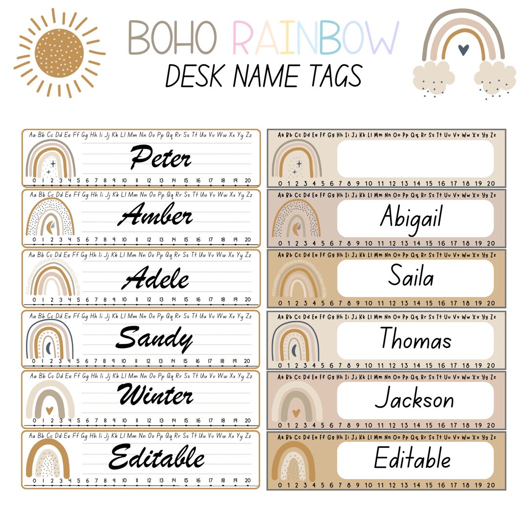 BOHO RAINBOW Classroom Labels & Student Desk Plates Editable Rainbow ...