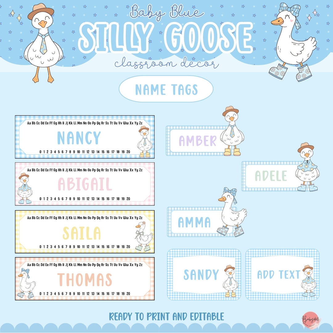 Silly Goose Desk Tags Editable Preppy Strawberry Name Plates Coquette ...