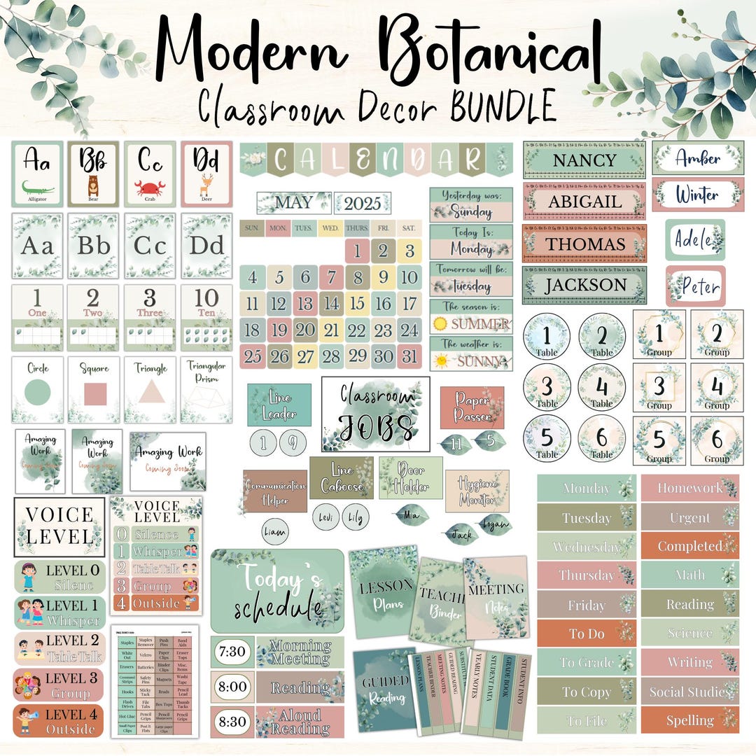 Modern Botanical Classroom Decor Bundle Editable Eucalyptus Theme ...