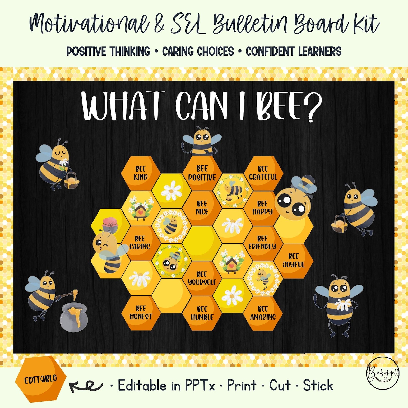 Bee Bulletin Kit Editable Honeycomb Spring Classroom Decor and Positive ...