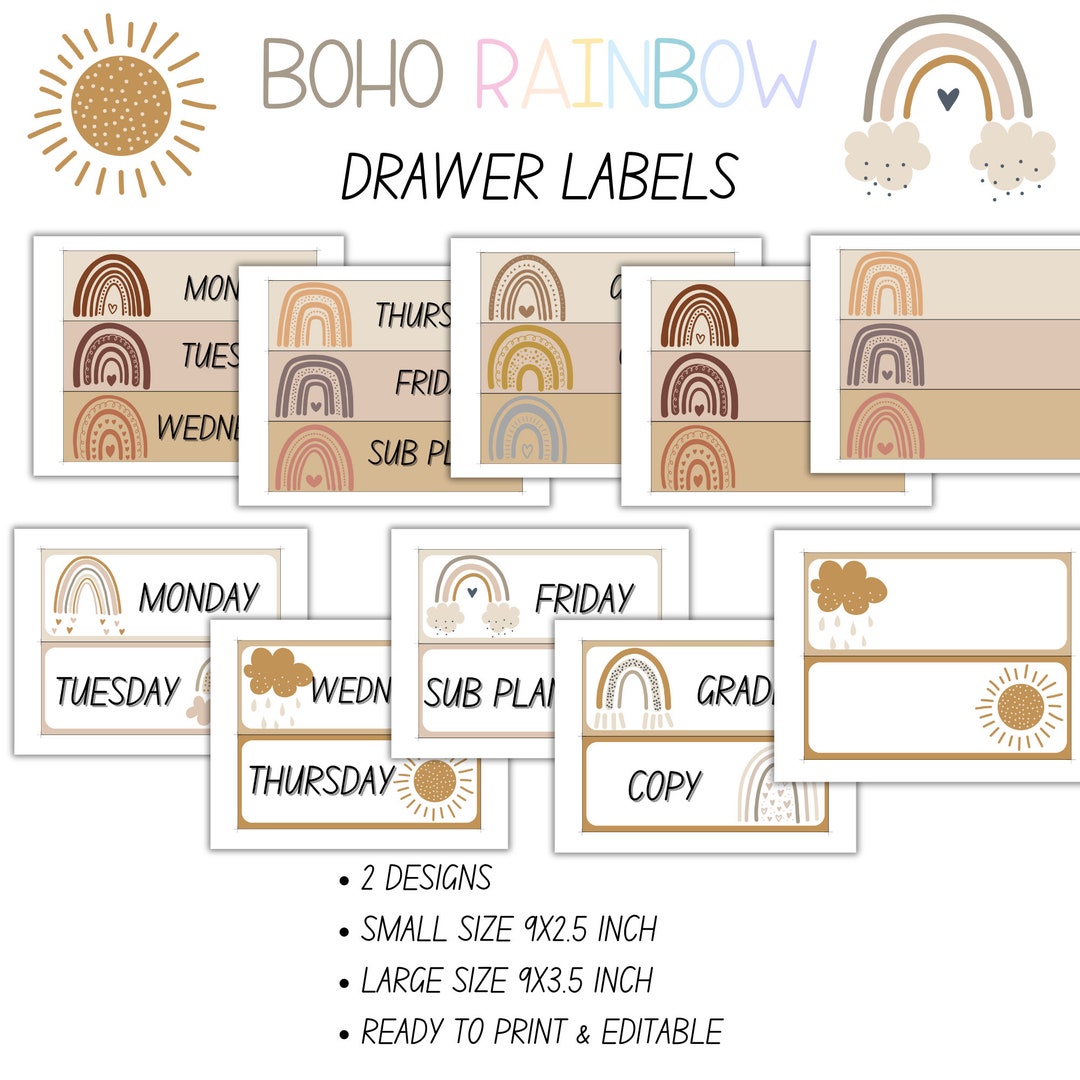 Boho Rainbow Rolling Cart Labels | Editable 10 Drawer Organizer Tags ...