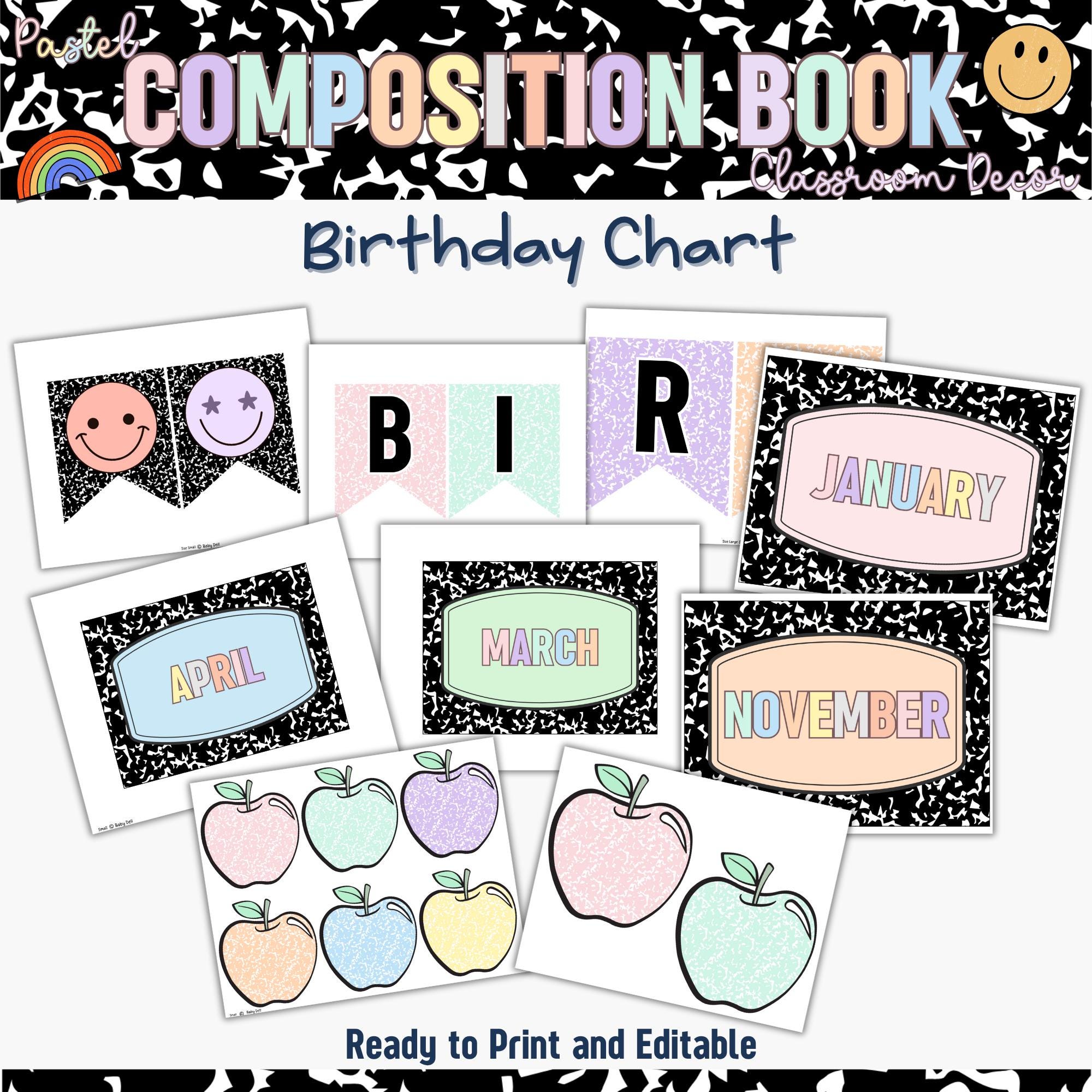 Birthday Bulletin Board | Composition Book Chart | Classroom Decor ...