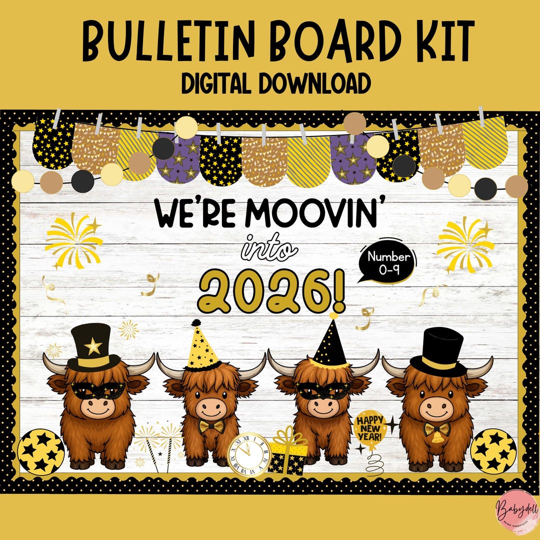 Highland Cow New Year Bulletin Board Kit, 2026 Classroom Door Decor ...