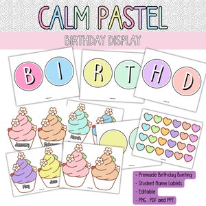 Calm Pastel Classroom Birthday Display | Editable Student Birthday ...