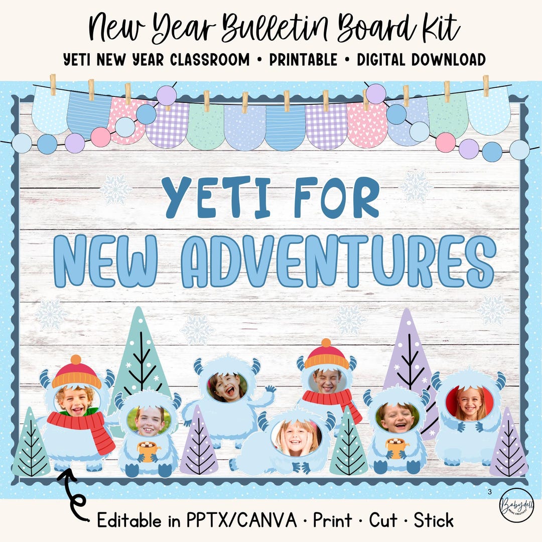 Yeti New Year Bulletin Board Kit, Editable Winter Classroom Door Decor ...